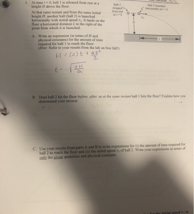 Solved: 1. At Time T-0, Ball 1 Is Released From Rest At A ... | Chegg.com