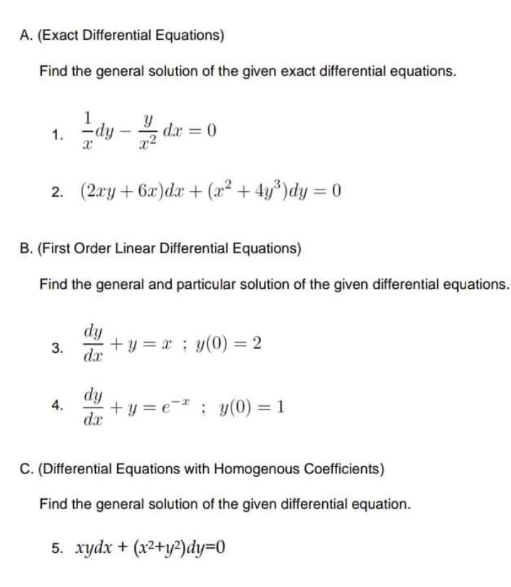 Solved A. (Exact Differential Equations) Find the general | Chegg.com