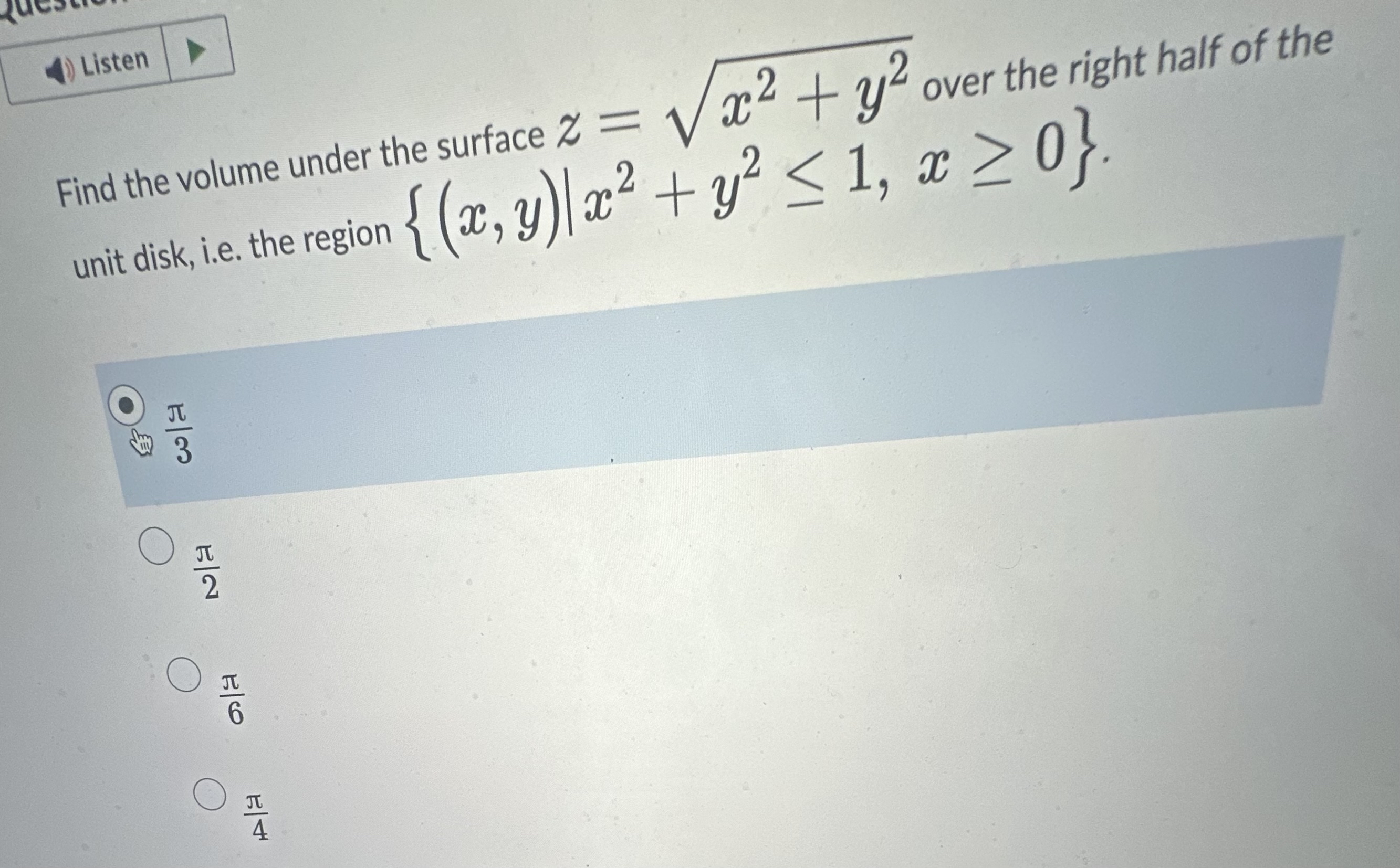 Solved ListenFind the volume under the surface z=x2+y22 | Chegg.com