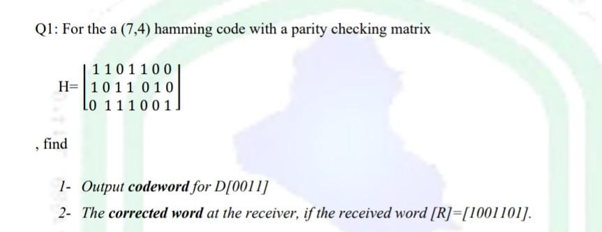 Solved Q1: For the a (7,4) hamming code with a parity | Chegg.com