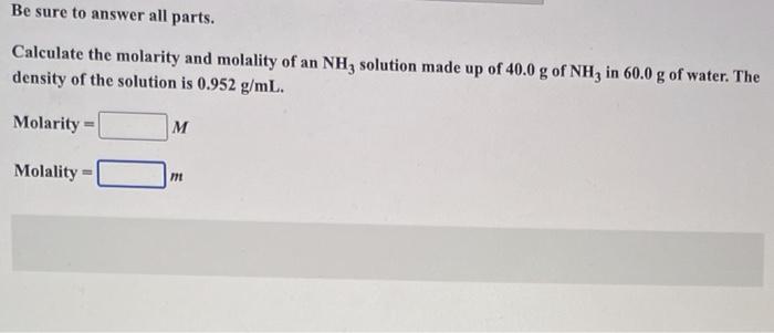 Solved Be sure to answer all parts. Calculate the molarity | Chegg.com