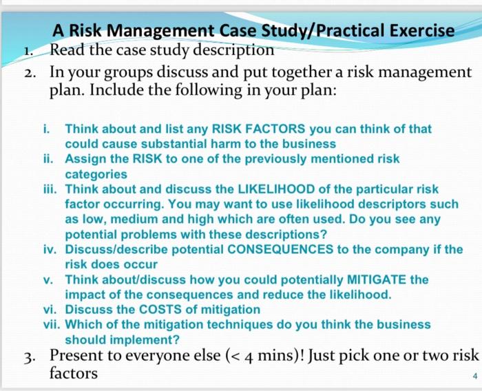 Solved A Risk Management Case Study/Practical Exercise 1. | Chegg.com