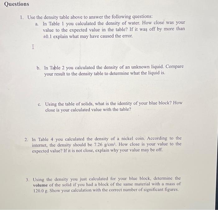 Density Tables1. Use the density table above to | Chegg.com