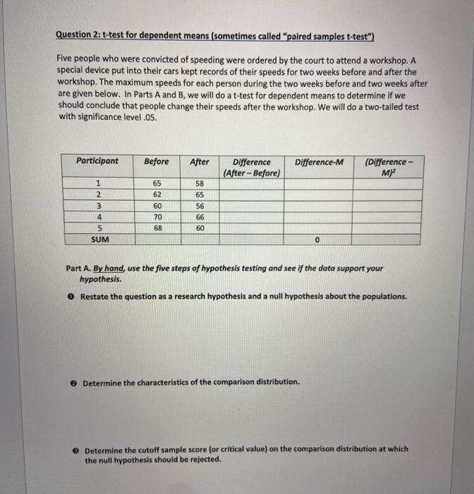 Solved Question 2: t-test for dependent means (sometimes | Chegg.com