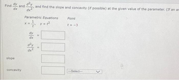 Solved dy Find and dx slope concavity d²y and find the slope | Chegg.com