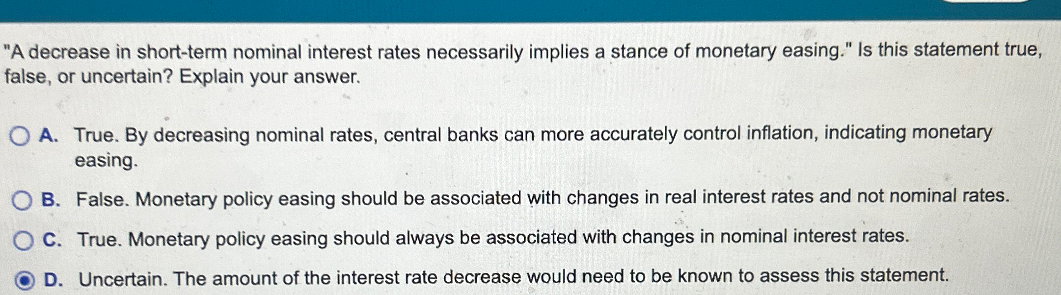 Solved A Decrease In Short Term Nominal Interest Rates Chegg