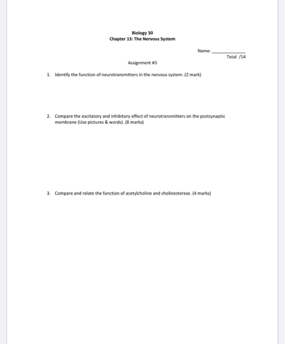 Solved Biology 30 Chapter 13: The Nervous System Name: Total | Chegg.com