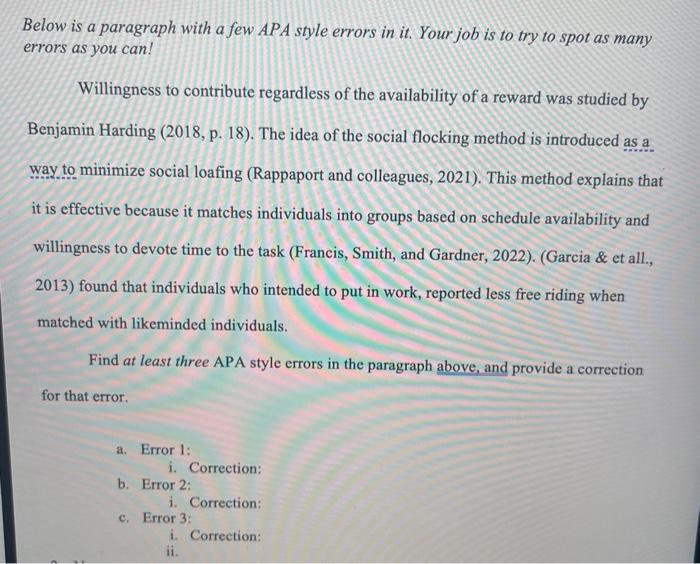 Below is a paragraph with a few APA style errors in | Chegg.com