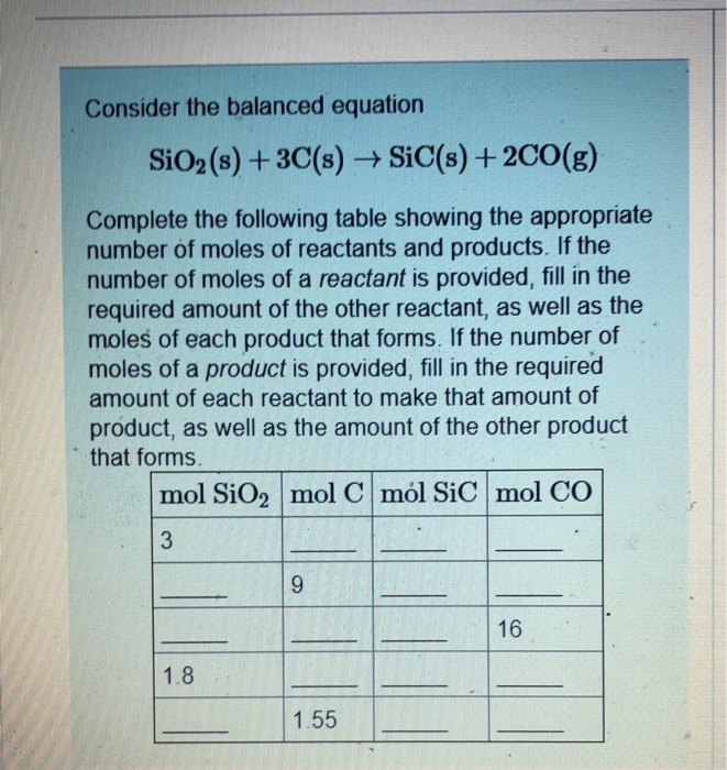 Solved Consider the balanced equation SiO2 (s) + 3C(s) + | Chegg.com