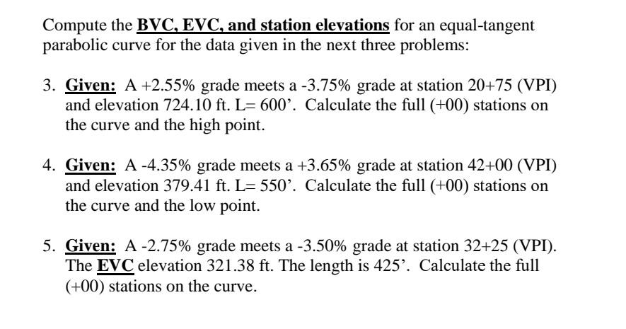 Compute the BVC, EVC, and station elevations for an | Chegg.com