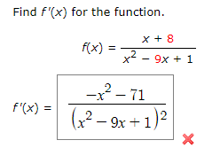 Solved Find f'(x) ﻿for the function.f(x)=x+8x2-9x+1f'(x)= | Chegg.com