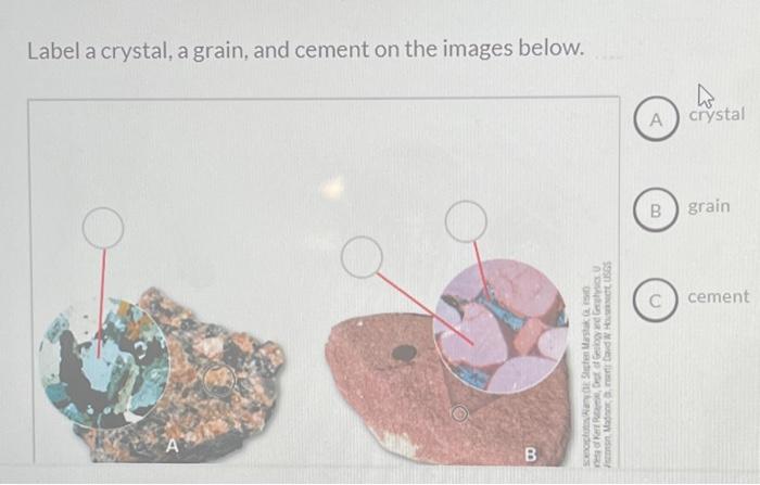 Label a crystal, a grain, and cement on the images | Chegg.com