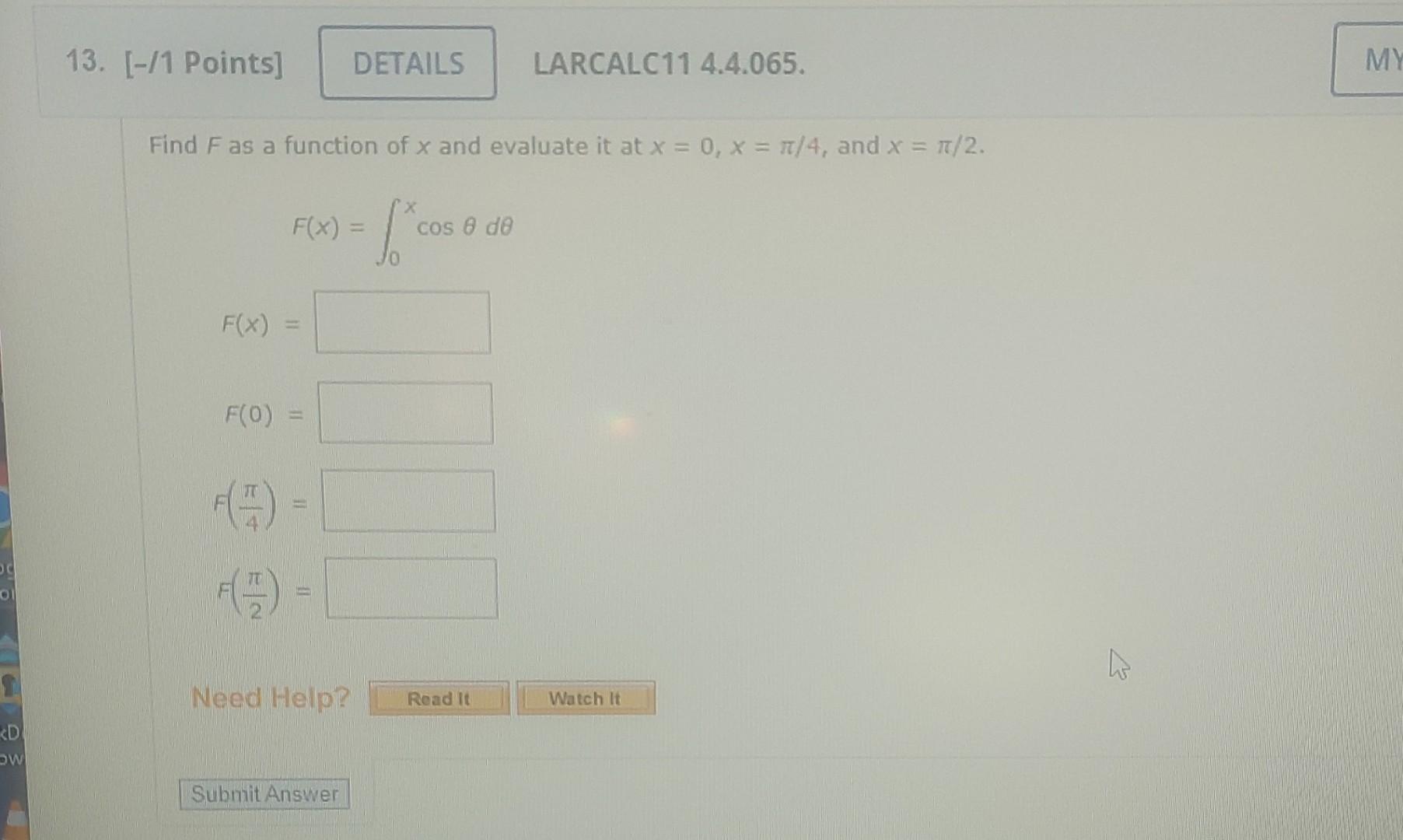 Solved /1 Points] LARCALC11 4.4.065. Find \\( F \\) as a | Chegg.com