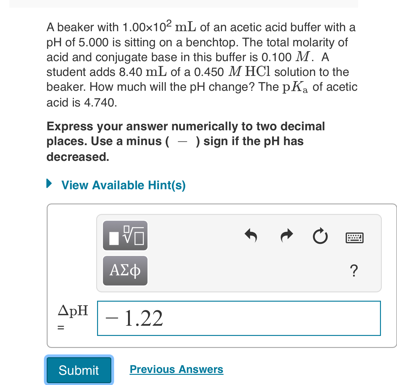 Solved A beaker with 1.00×102mL ﻿of an acetic acid buffer | Chegg.com