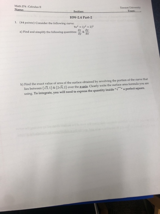 Solved Towson University Team Math 274:Calculus II Name: | Chegg.com