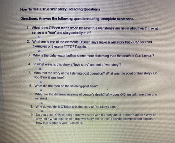 How To Tell a True War Story: Reading Questions | Chegg.com