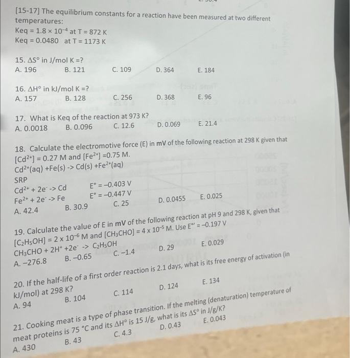 Solved [15-17] The equilibrium constants for a reaction have | Chegg.com