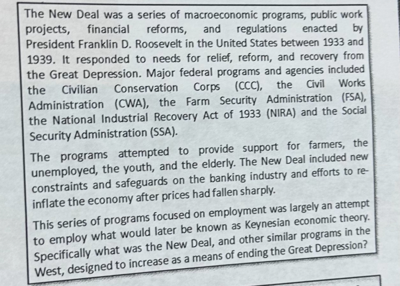 Solved The New Deal was a series of macroeconomic programs, | Chegg.com