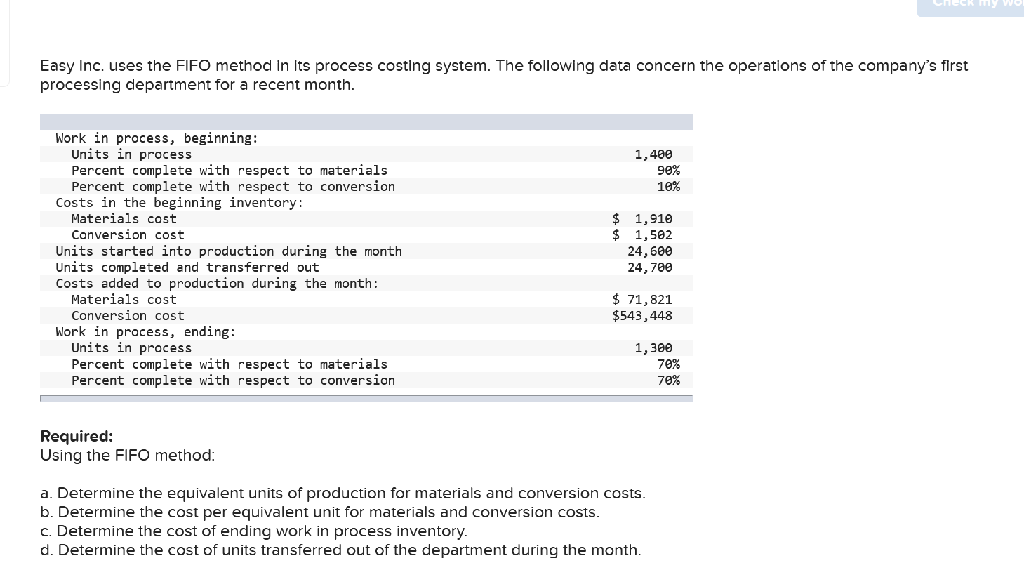 Solved Easy Inc. uses the FIFO method in its process costing | Chegg.com