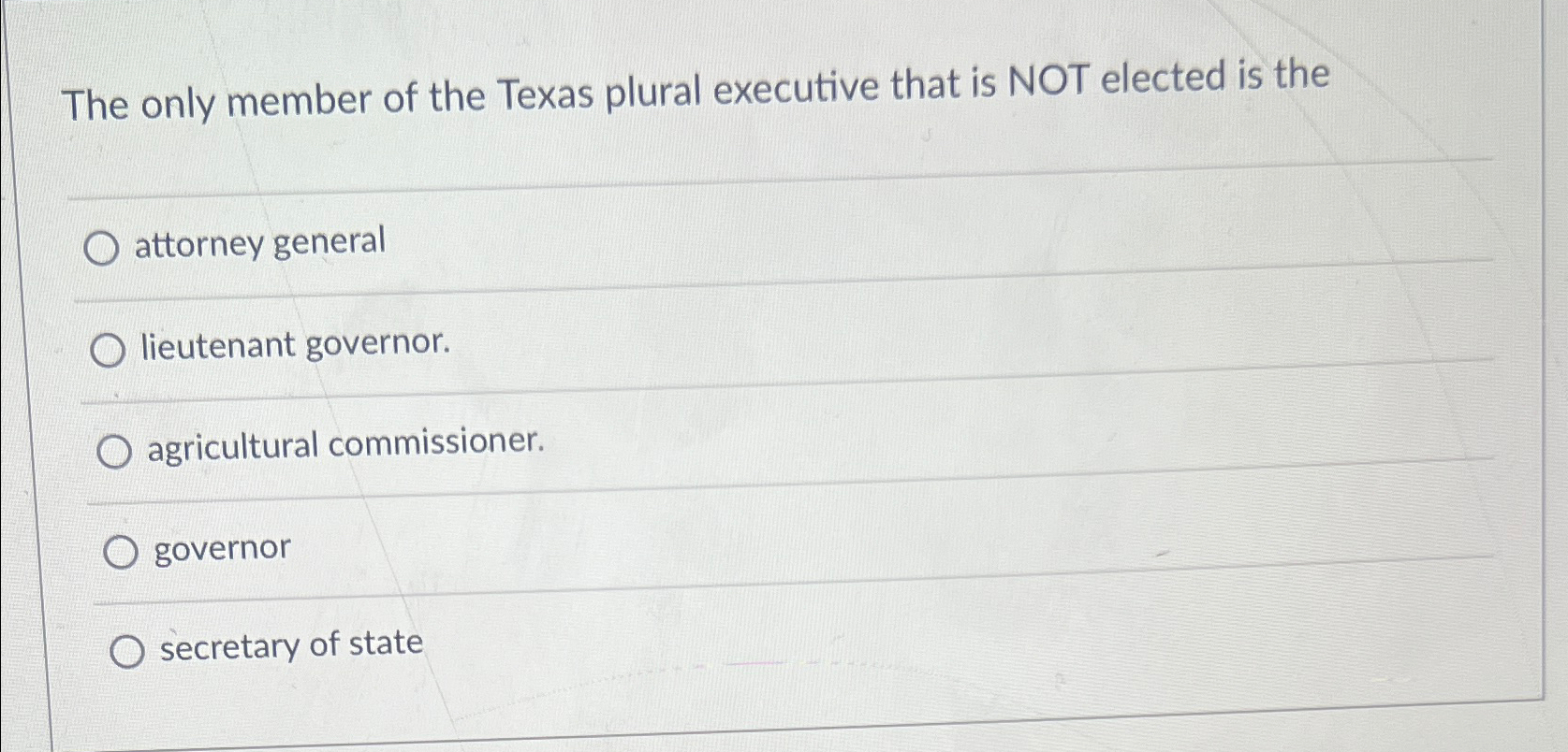 Solved The only member of the Texas plural executive that is | Chegg.com