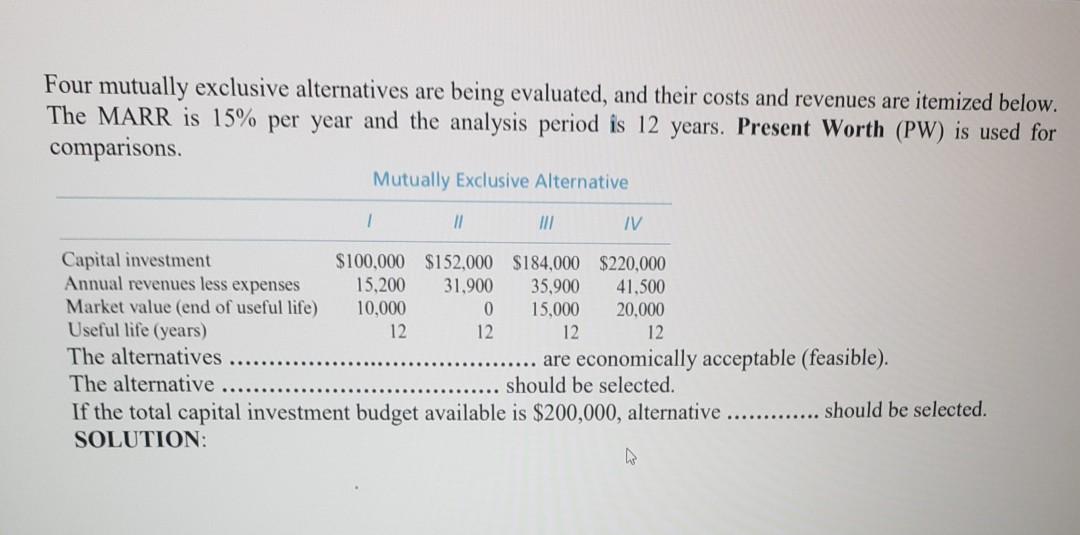 Solved Four mutually exclusive alternatives are being | Chegg.com