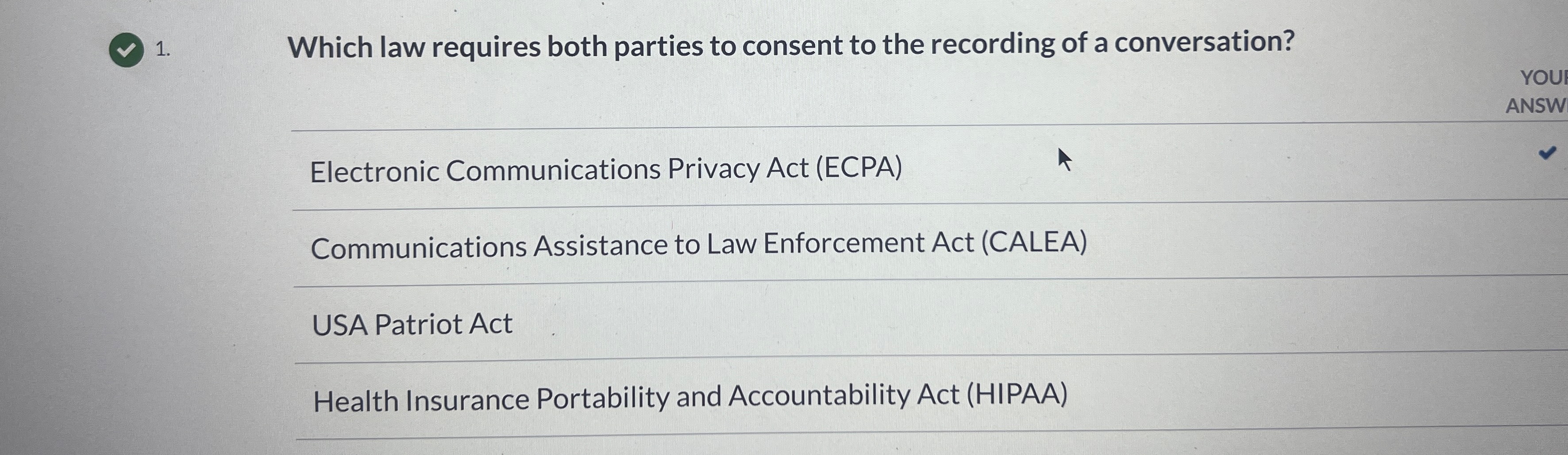 Solved Which law requires both parties to consent to the | Chegg.com