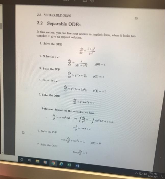 Solved 2.2. SEPARABLE ODES 15 2.2 Separable ODES In this | Chegg.com