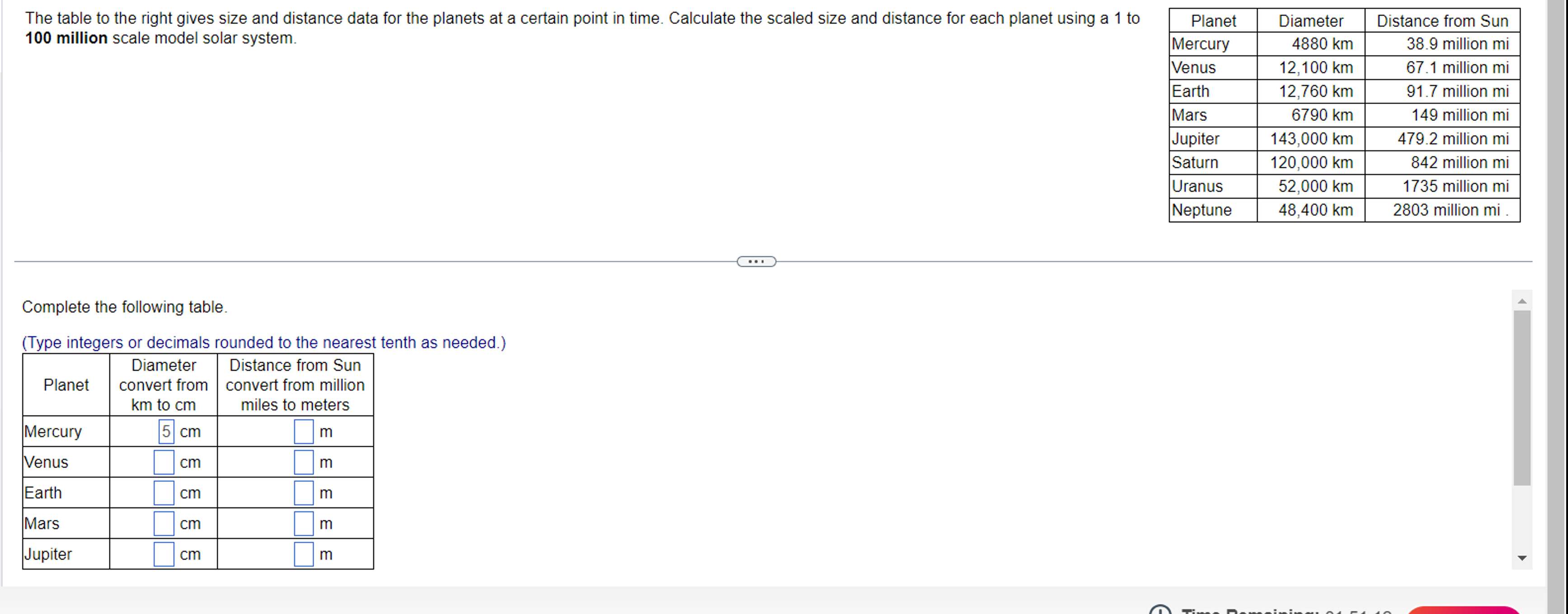 The table to the right gives size and distance data | Chegg.com