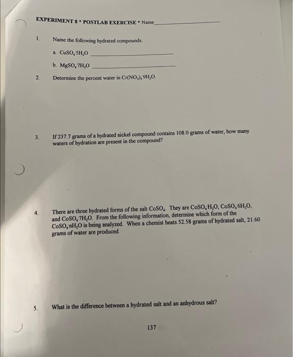 Solved EXPERIMENT 8 * PRELAB EXERCISE * Name VerONA | Chegg.com