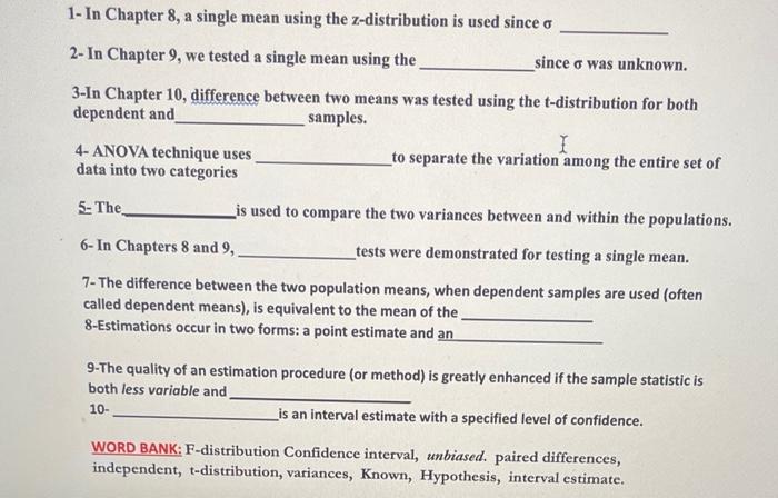 Solved 1- In Chapter 8, a single mean using the | Chegg.com
