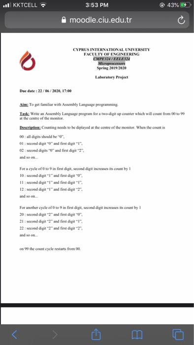 Solved .. KKTCELL. @ 43% E 3:53 PM moodle.ciu.edu.tr CYPRUS | Chegg.com