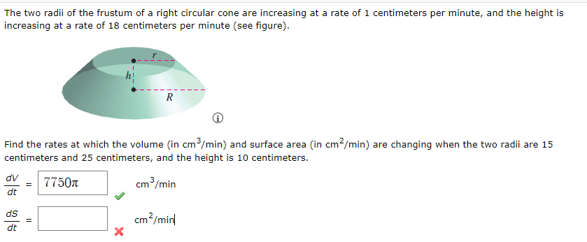 Solved The two radii of the frustum of a right circular cone | Chegg.com