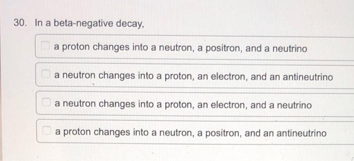 Solved 30. In a beta-negative decay, a proton changes into a | Chegg.com