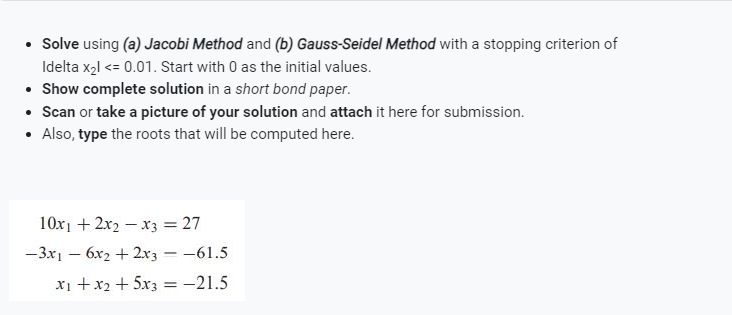 Solve using (a) ﻿Jacobi Method and (b) ﻿Gauss-Seidel | Chegg.com