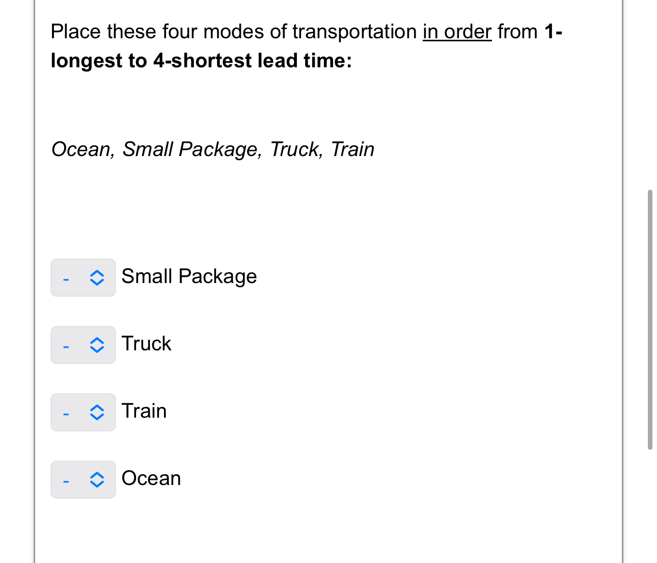 Solved Place these four modes of transportation in order | Chegg.com
