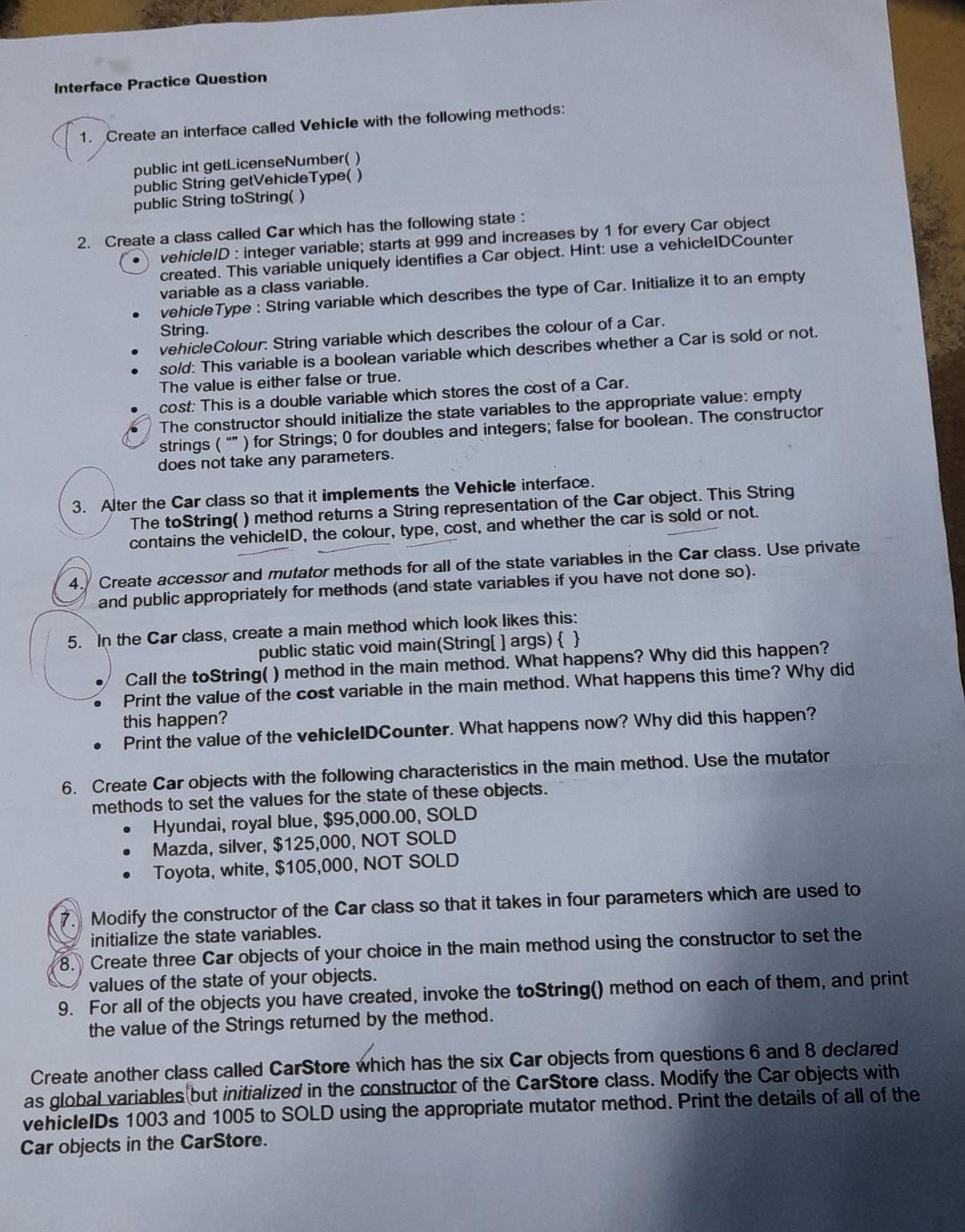 Solved 1. Create an interface called Vehicle with the | Chegg.com