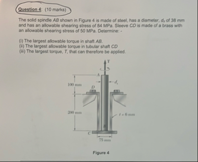Solved Question 4: (10 ﻿marks)The solid spindle AB shown in | Chegg.com