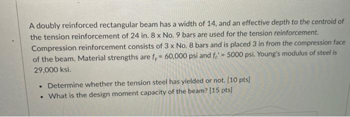 Solved A doubly reinforced rectangular beam has a width of | Chegg.com