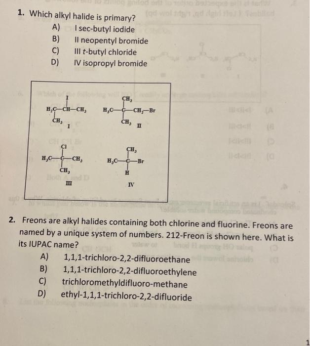 Solved 1. Which alkyl halide is primary? A) I sec-butyl | Chegg.com