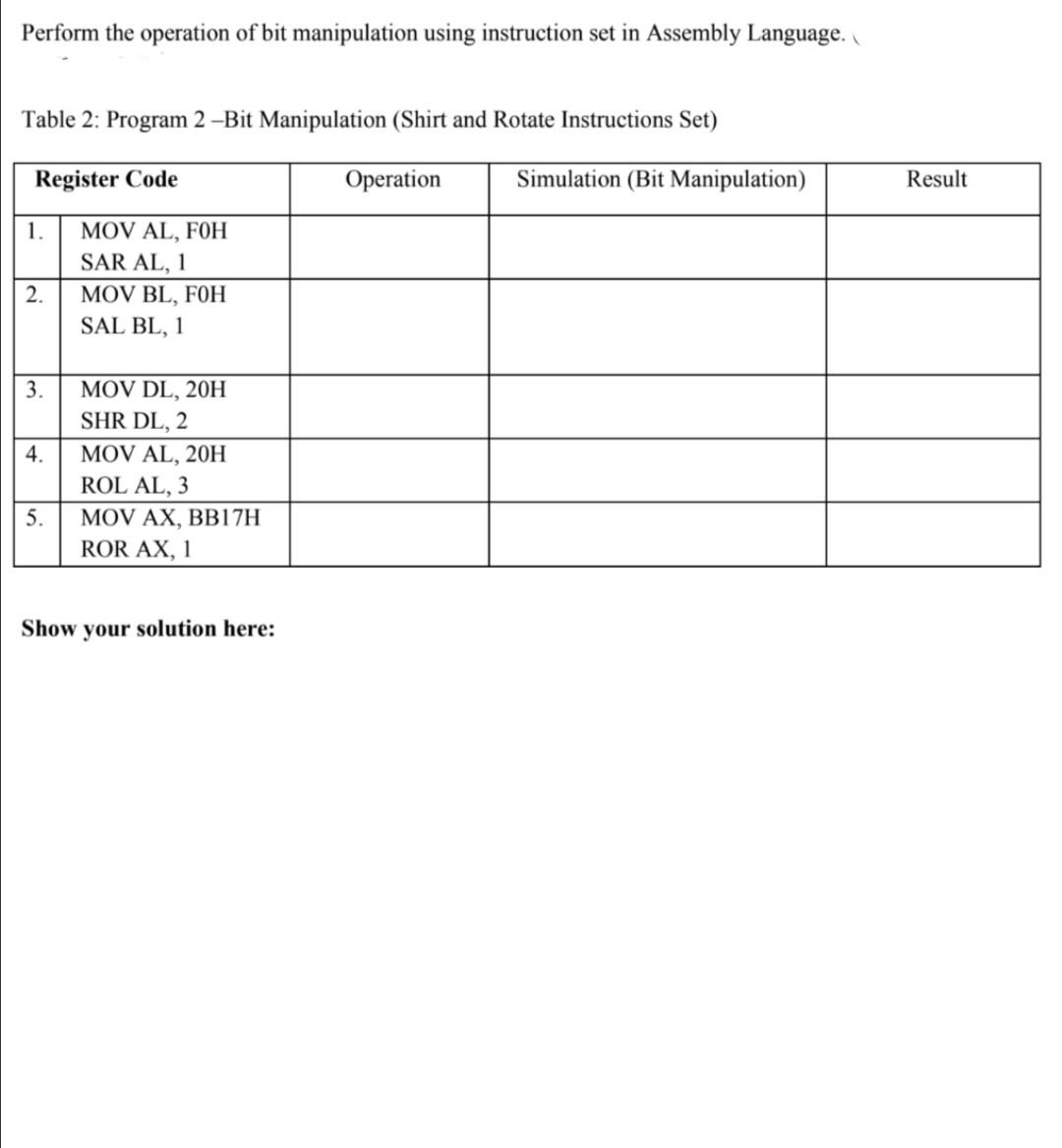 Solved Perform the operation of bit manipulation using | Chegg.com
