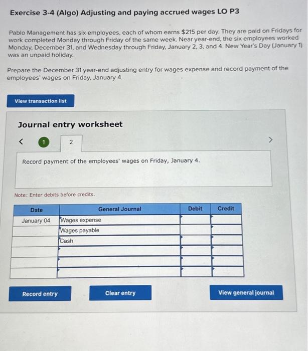 Solved Exercise 3-4 (Algo) Adjusting and paying accrued | Chegg.com