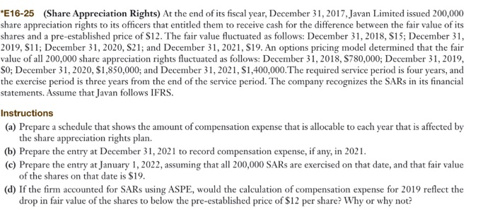 *E16-25 (Share Appreciation Rights) At the end of its | Chegg.com