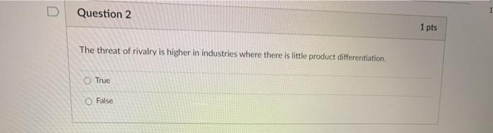 Solved Question 2 1 pts The threat of rivalry is higher in | Chegg.com