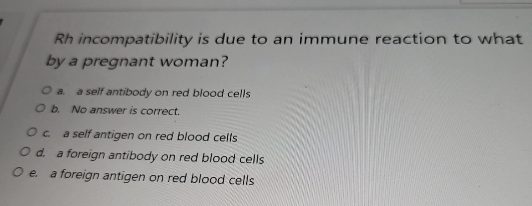 Solved Rh incompatibility is due to an immune reaction to | Chegg.com