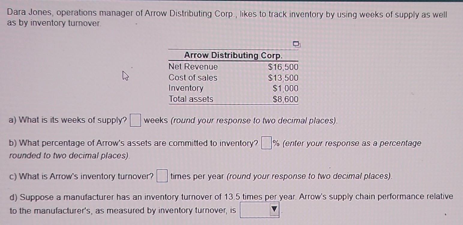 Solved Dara Jones, operations manager of Arrow Distributing | Chegg.com