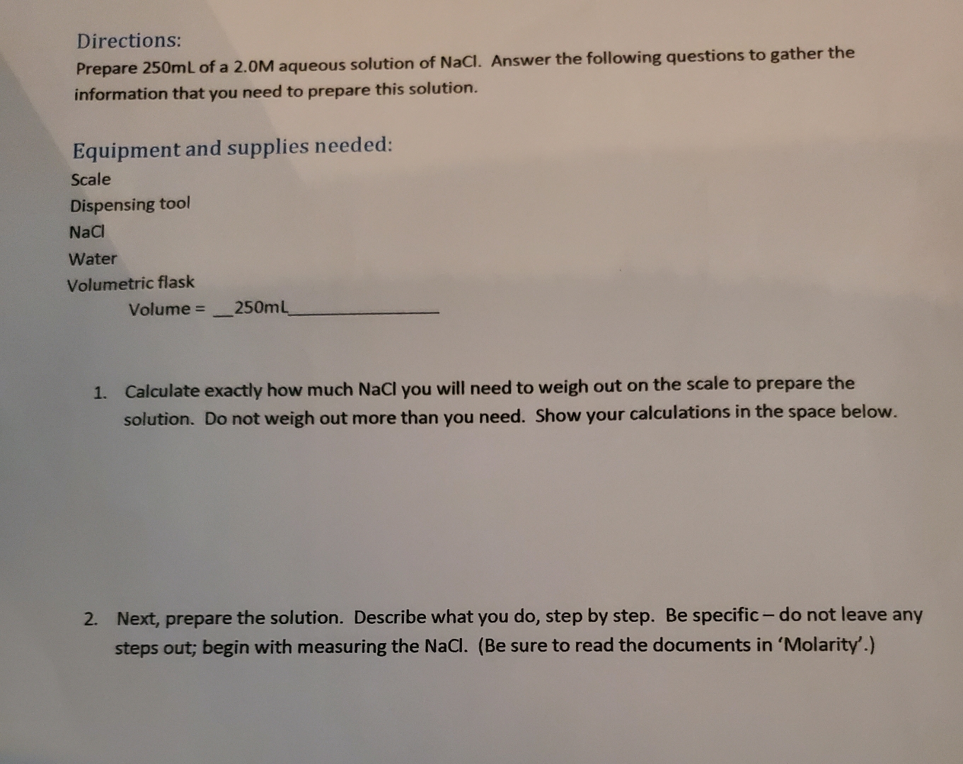 Solved Directions:Prepare 250mL ﻿of a 2.0M ﻿aqueous solution | Chegg.com