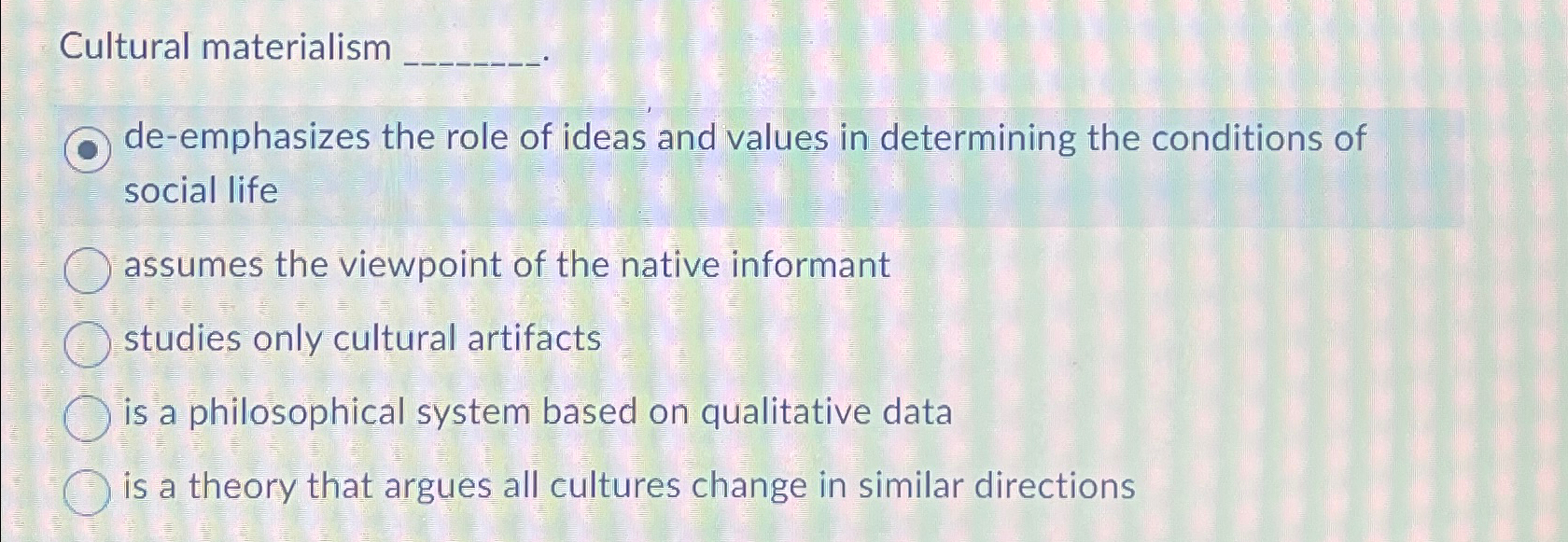 Solved Cultural materialismde-emphasizes the role of ideas | Chegg.com