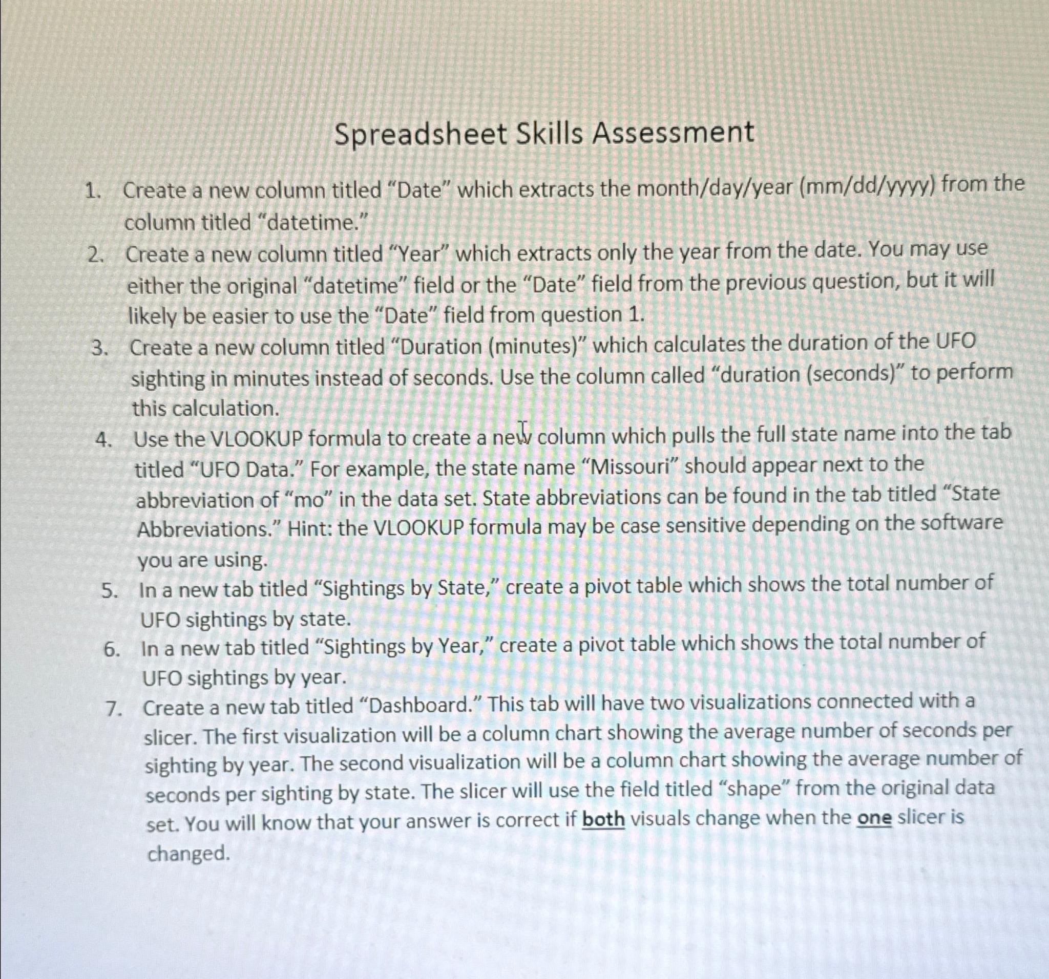 Solved Spreadsheet Skills AssessmentCreate a new column | Chegg.com