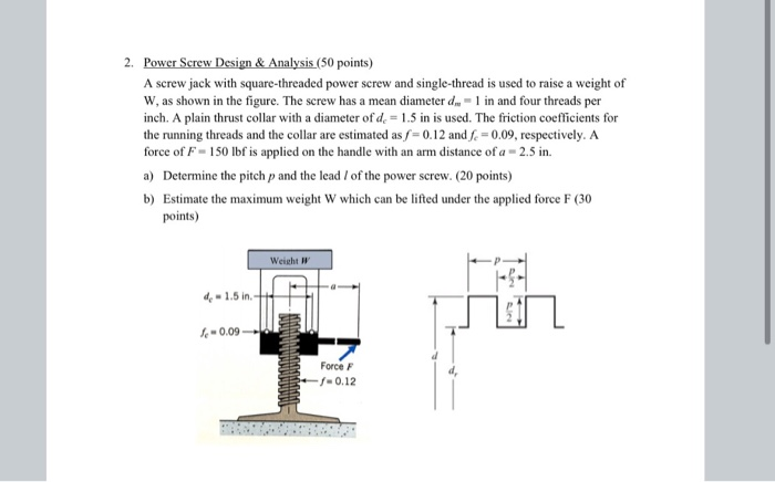 Solved 2. Power Screw Design & Analysis (50 points)A screw | Chegg.com