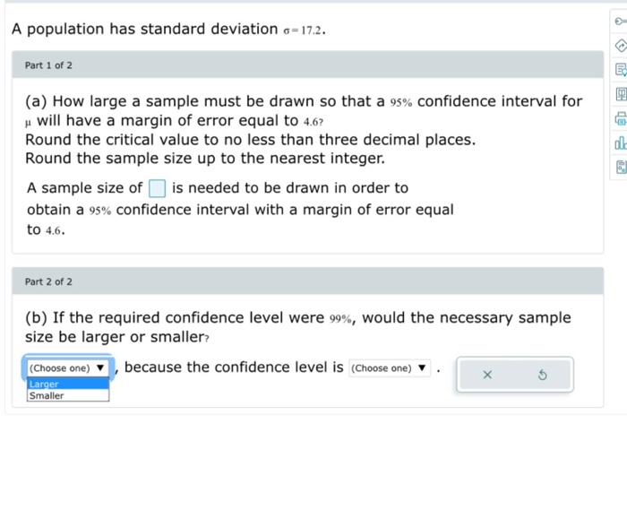 Solved A population has standard deviation = 17.2. Part 1 of | Chegg.com